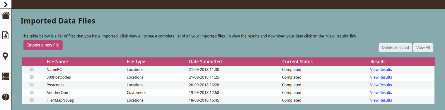 Viewing and deleting imported data files