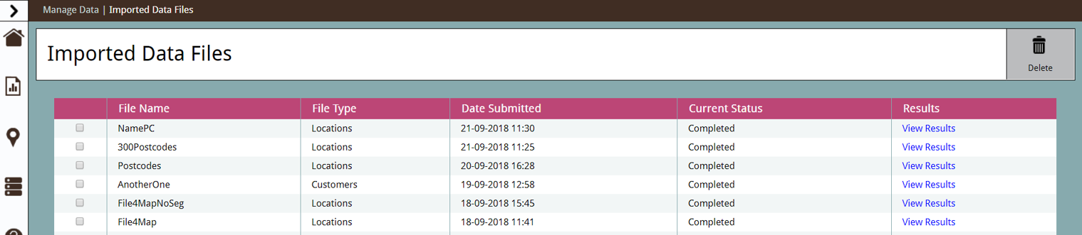 Viewing and deleting imported data files
